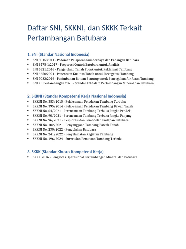 Daftar SNI dan SKKNI Pertambangan | PDF