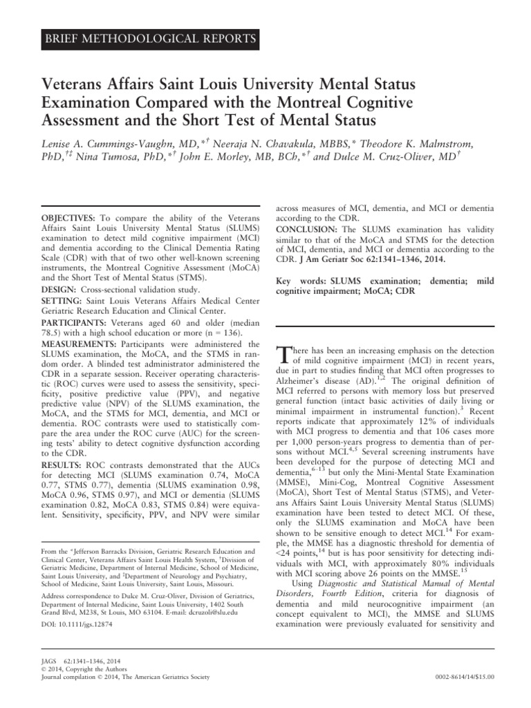 SLUMS vs MoCA & STMS for MCI Detection | PDF | Dementia | Receiver ...