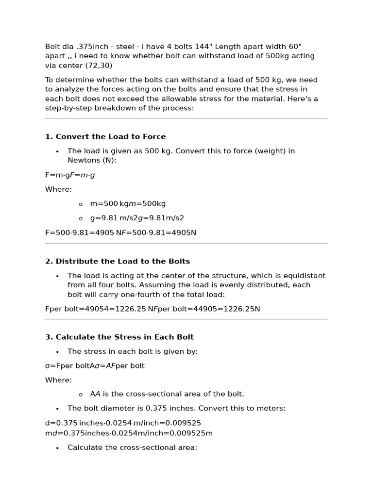 Bolt Load Analysis for 500kg Offset | PDF | Bending | Stress (Mechanics)