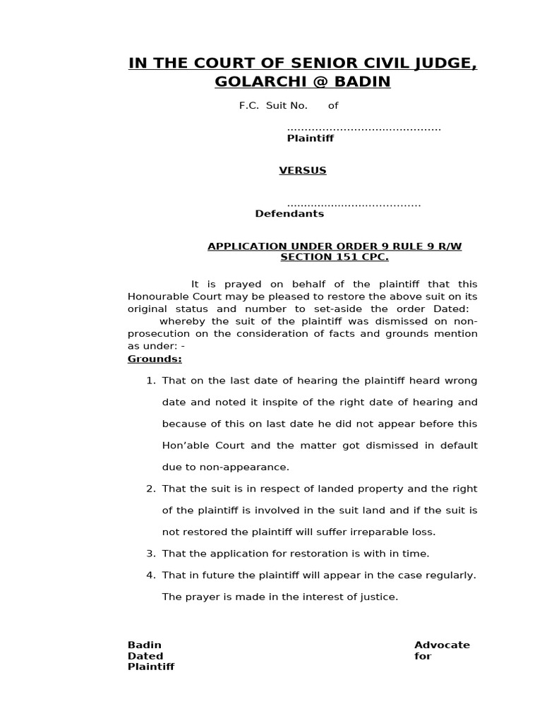 Restoration Application Under Order 9 Rule 9 | PDF | Lawsuit | Affidavit