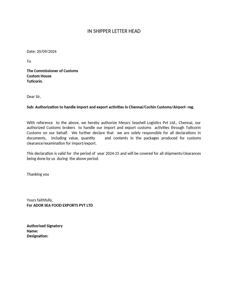 Shipper Authorization Letter Format | PDF