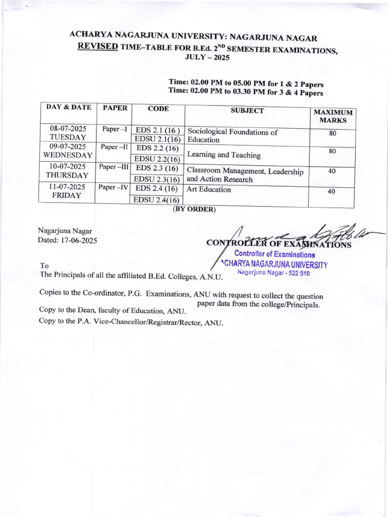 REVISED B.Ed 2nd Semester (Regular & Supply) Examinations Time-Table July, 2025 | PDF