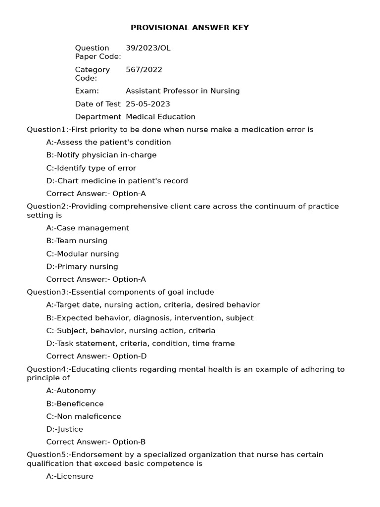 Assistant Professor Nursing Exam Key 39/2023 | PDF | Nursing | Medical ...