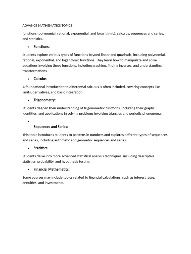 Advanced Mathematics Topics Overview | PDF