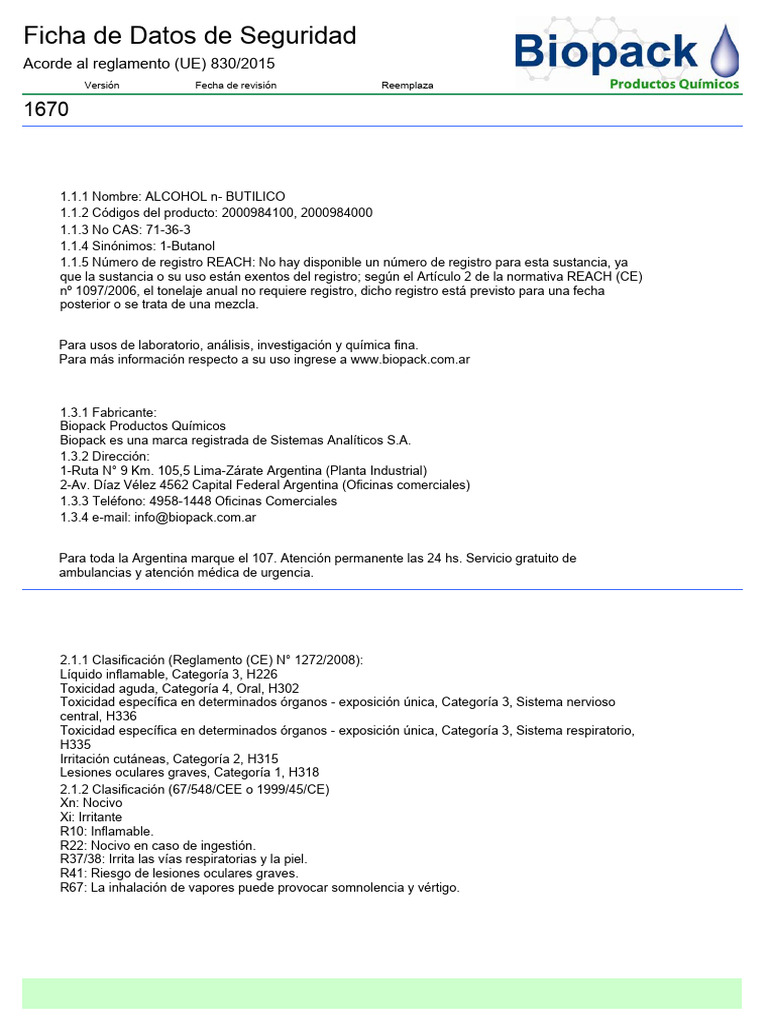 Ficha de Seguridad: Alcohol n-Butilico | PDF | Agua | Combustión