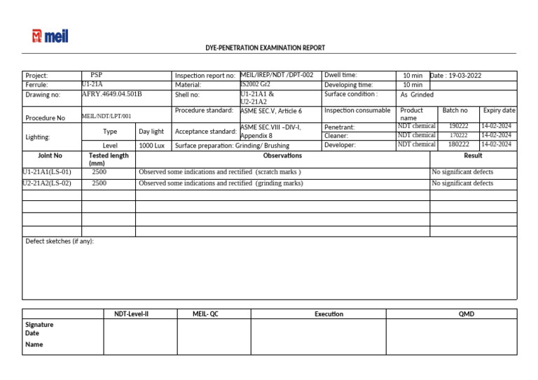 F CO QAM02 01 Dye Penetration Examination Report | PDF