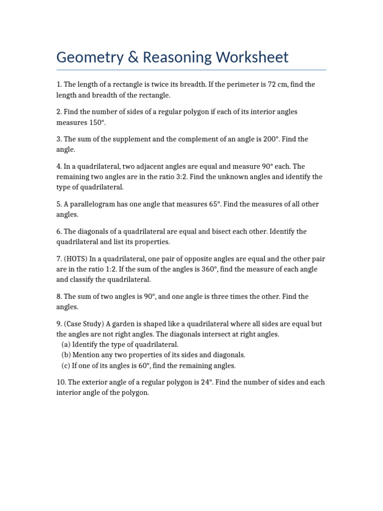 Geometry Reasoning Worksheet | PDF