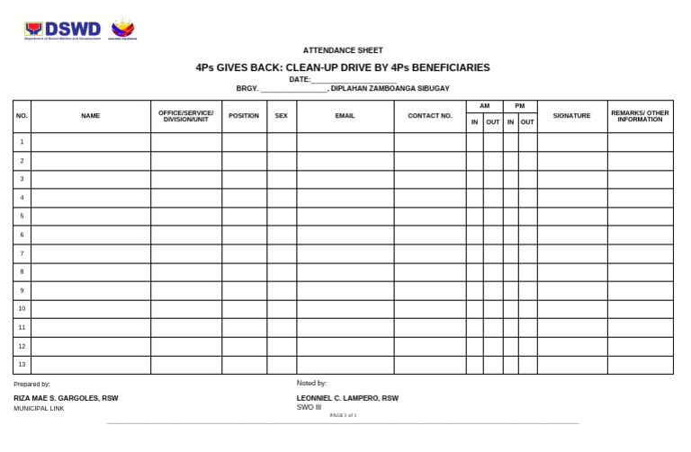 4Ps Clean-Up Drive Attendance Sheet | PDF