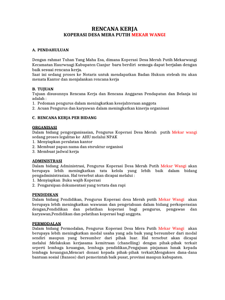 Contoh Rencana Kerja Koperasi (RENCANA KERJA) | PDF