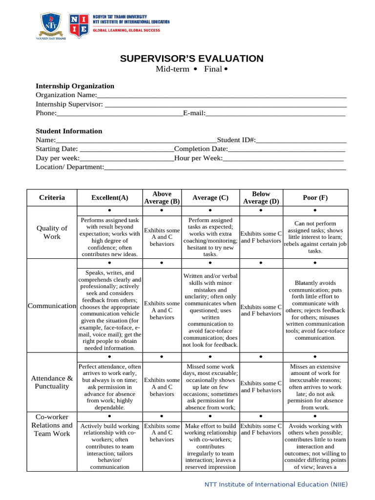 03a Supervisor Evaluation | PDF | Communication | Cognition