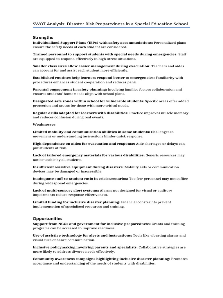 SWOT Analysis Special Education | PDF | Emergency Management | Special ...