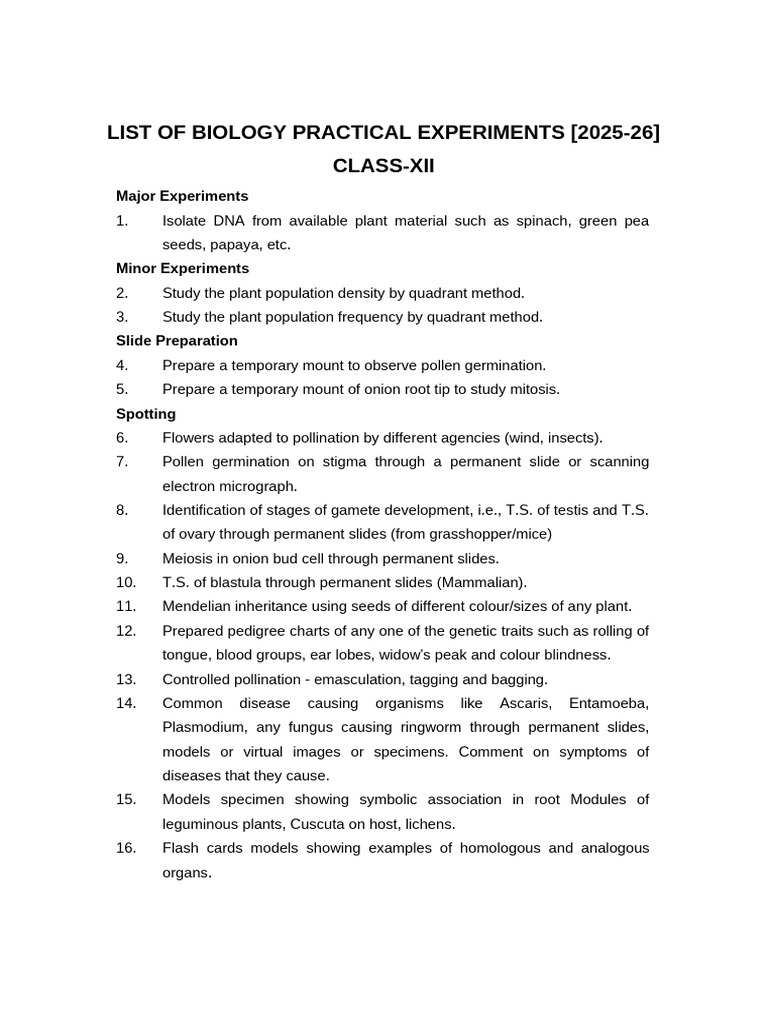 List of Biology Practical Experiments (2025-26) - Class Xii | PDF