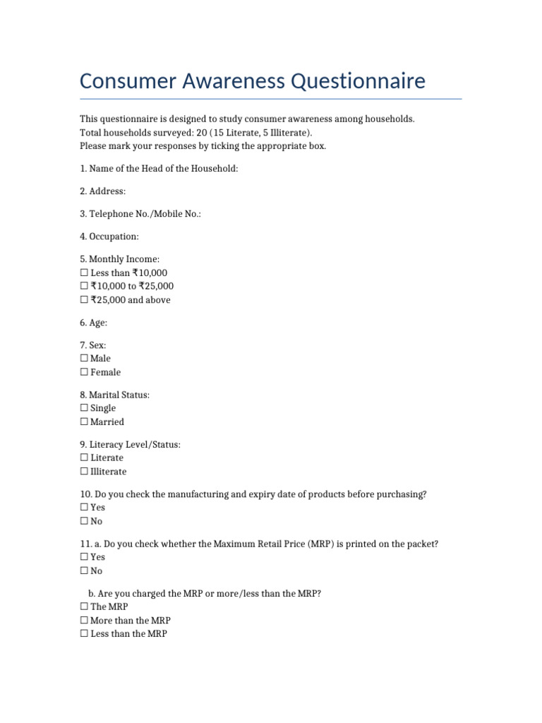 Consumer Awareness Questionnaire Checkboxes | PDF