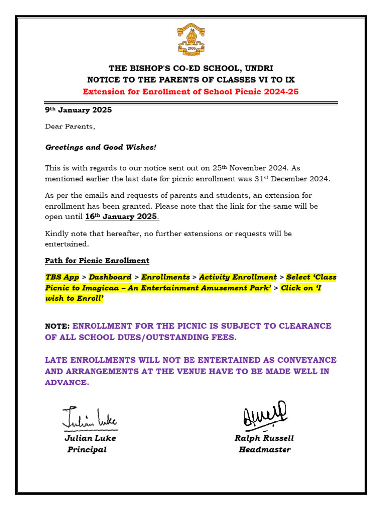 09012025121241revised Picnic Notice For CLASSES VI To IX 2024 2025 | PDF