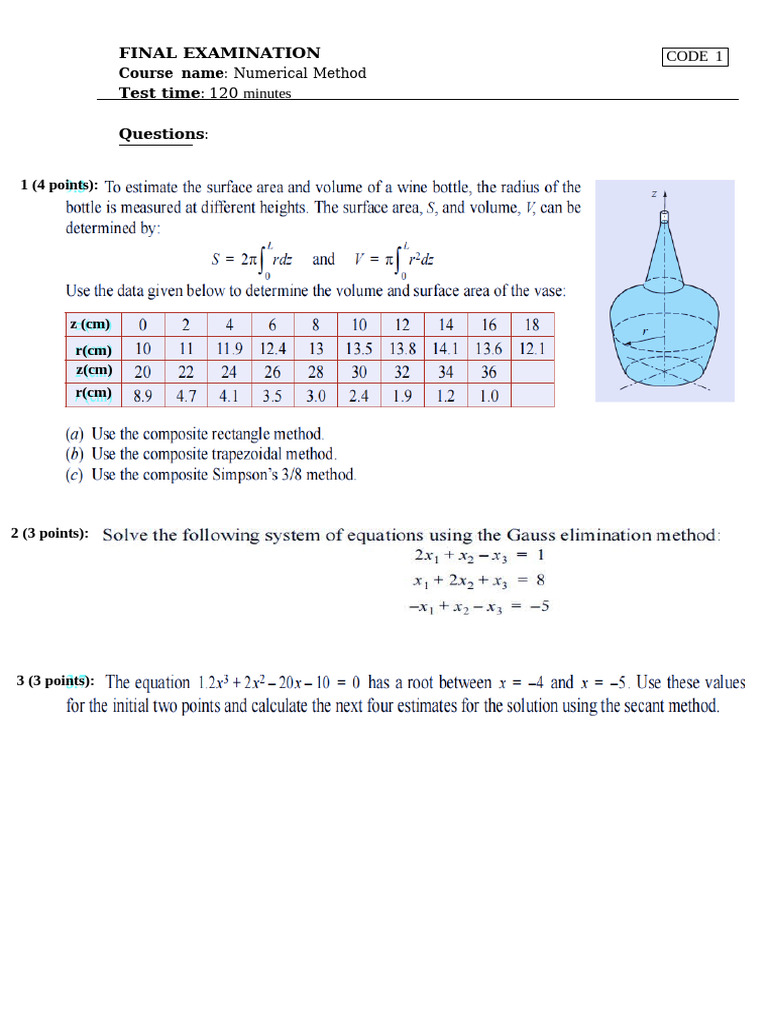 Numerical Methods Final Exam Guide | PDF