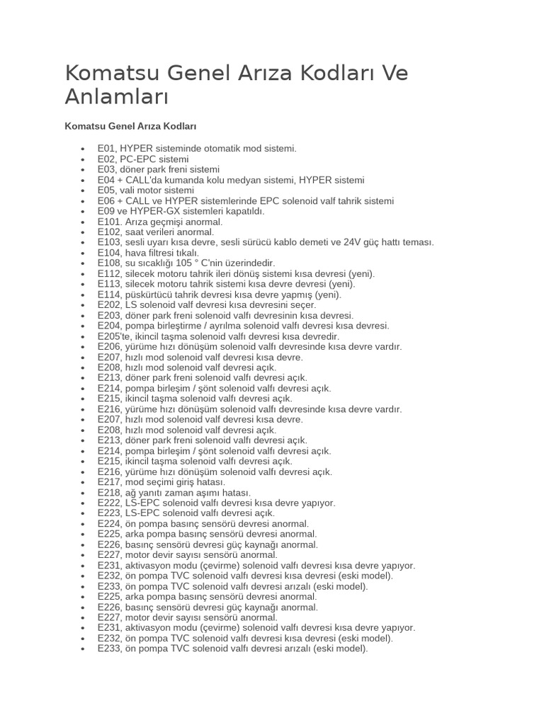 Komatsu Ariza Kodlari | PDF