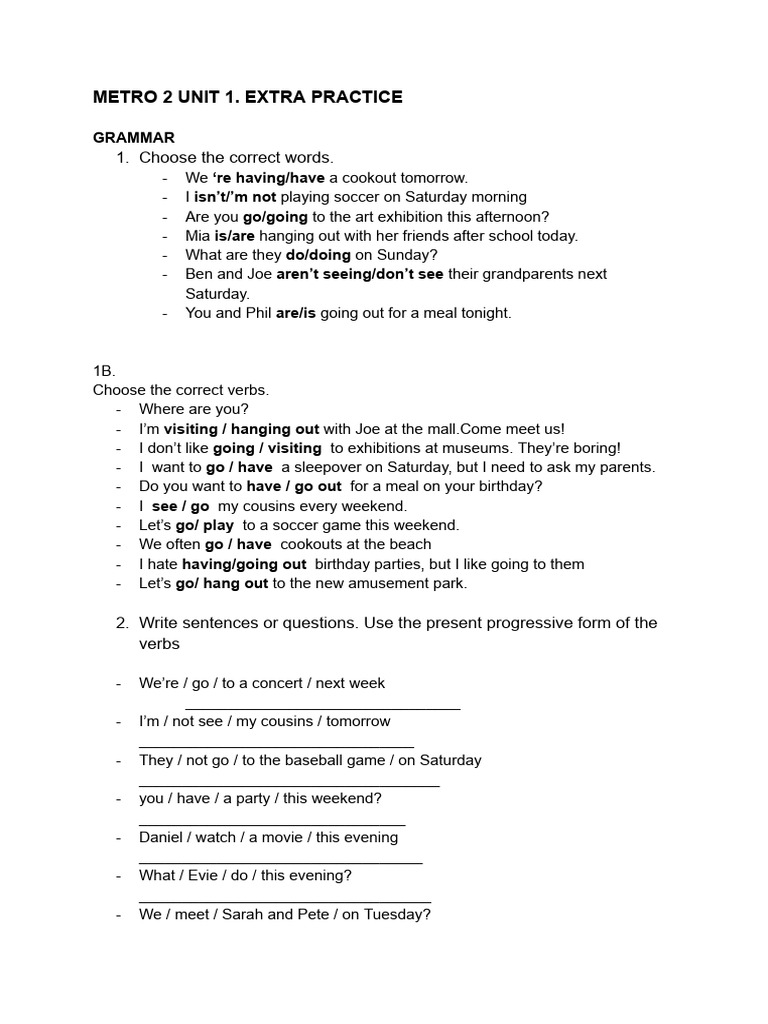 Metro 2 - Unit 1 - Extra Practice | PDF | Linguistics