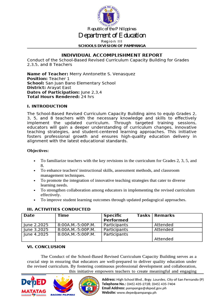 Individual Accomplishment Report | PDF | Teachers | Curriculum