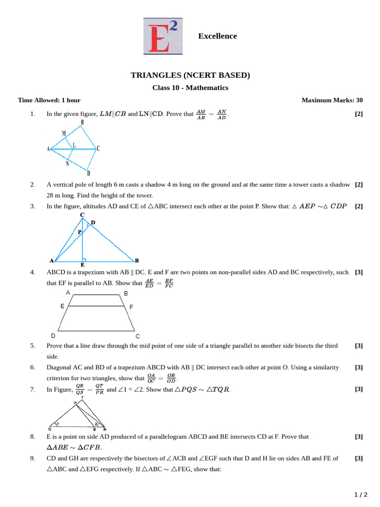 10th Triangles Triangles (Ncert Based) | PDF | Euclidean Geometry | Elementary Geometry