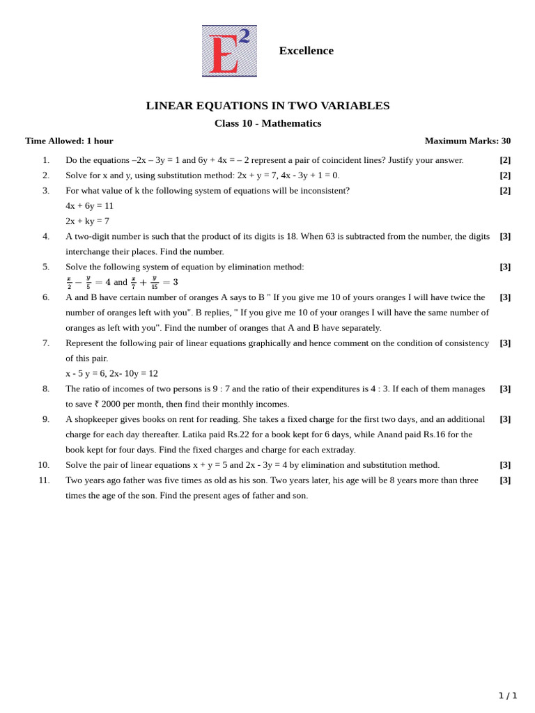 Class 10 Linear Equations Test PDF | PDF | Equations | System Of Linear ...