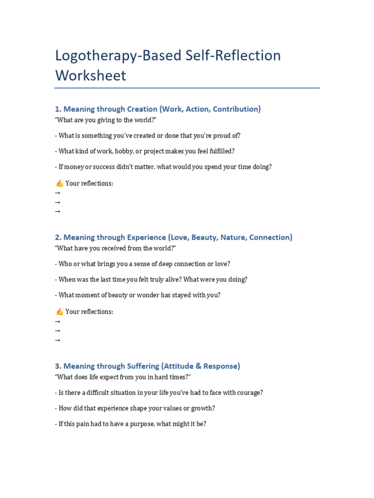 Logotherapy Reflection Worksheet | PDF