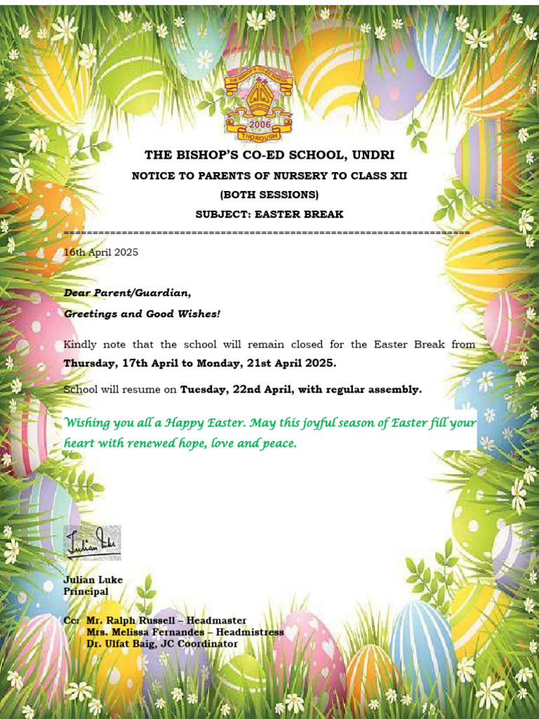 Easter Break Notice 2025 | PDF