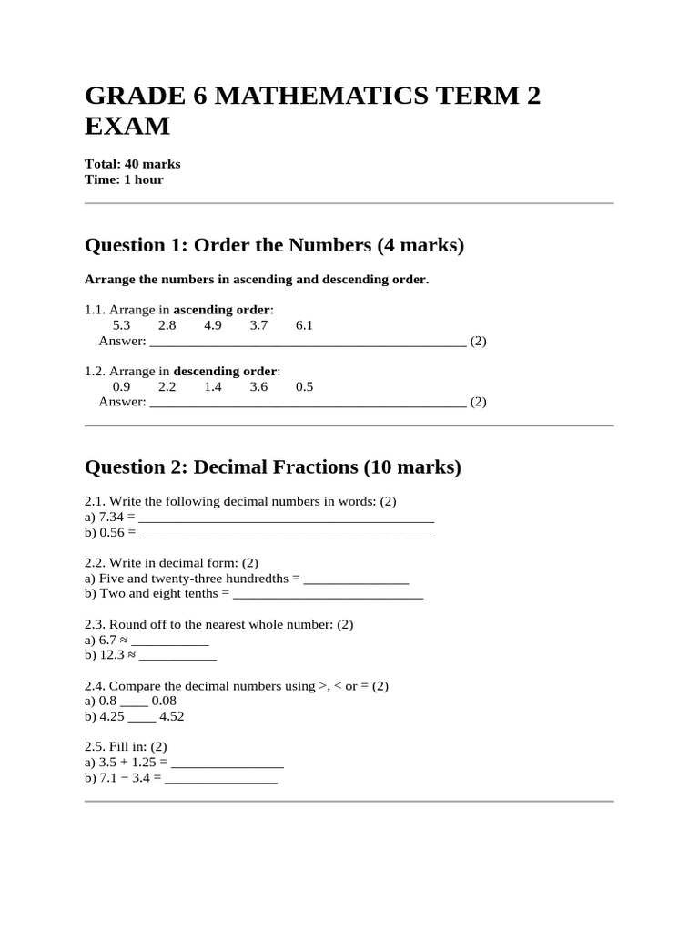 Grade 6 Mathematics Term 2 Exam | PDF | Notation | Division (Mathematics)