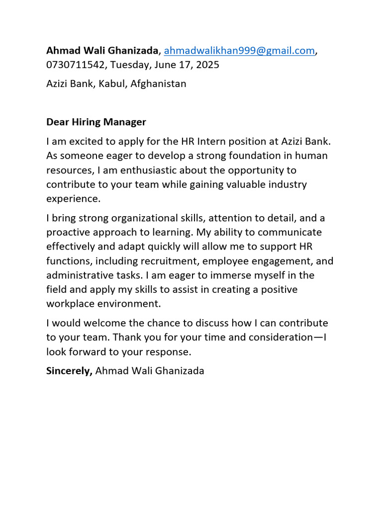 Cover Letter HR Ahmad Wali | PDF