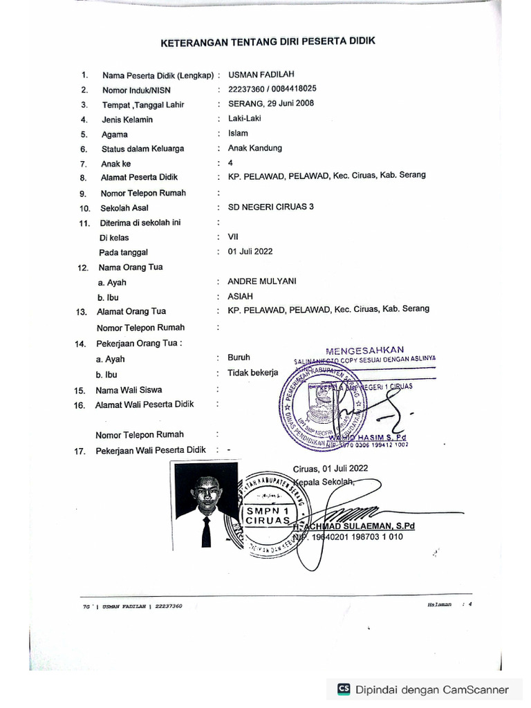 Biodata Diri (Raport) | PDF
