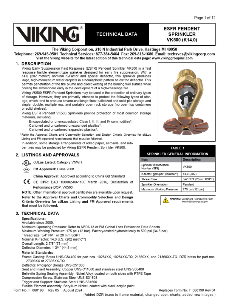 1.0 Esfr Pendent Data Sheet | PDF | Fire Sprinkler System