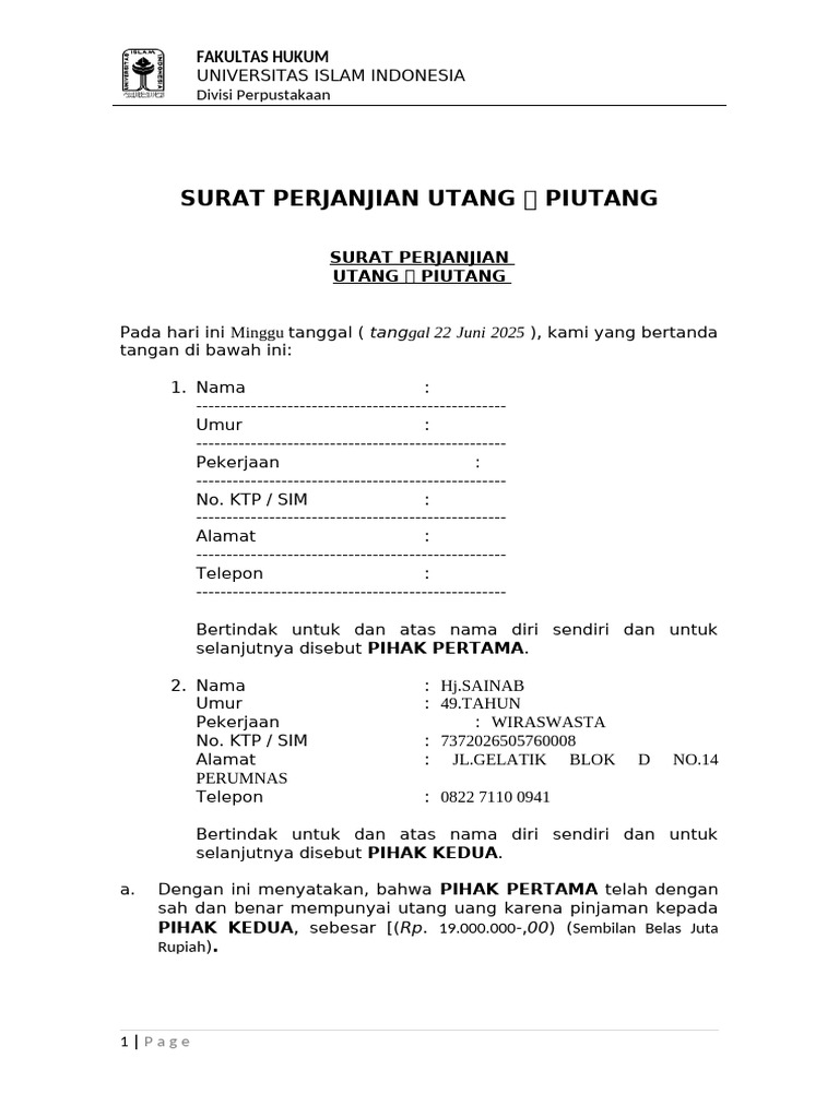 Contoh Surat Perjanjian Utang Piutang FH UII | PDF