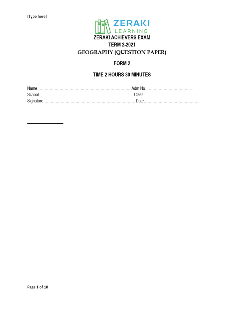 Geography Exam Paper for Form 2 | PDF | Map | Earth Sciences