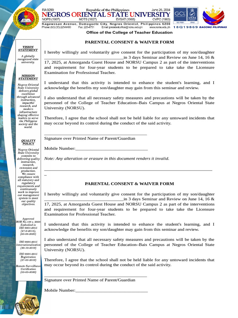 CTED Parents Consent Waiver Form | PDF