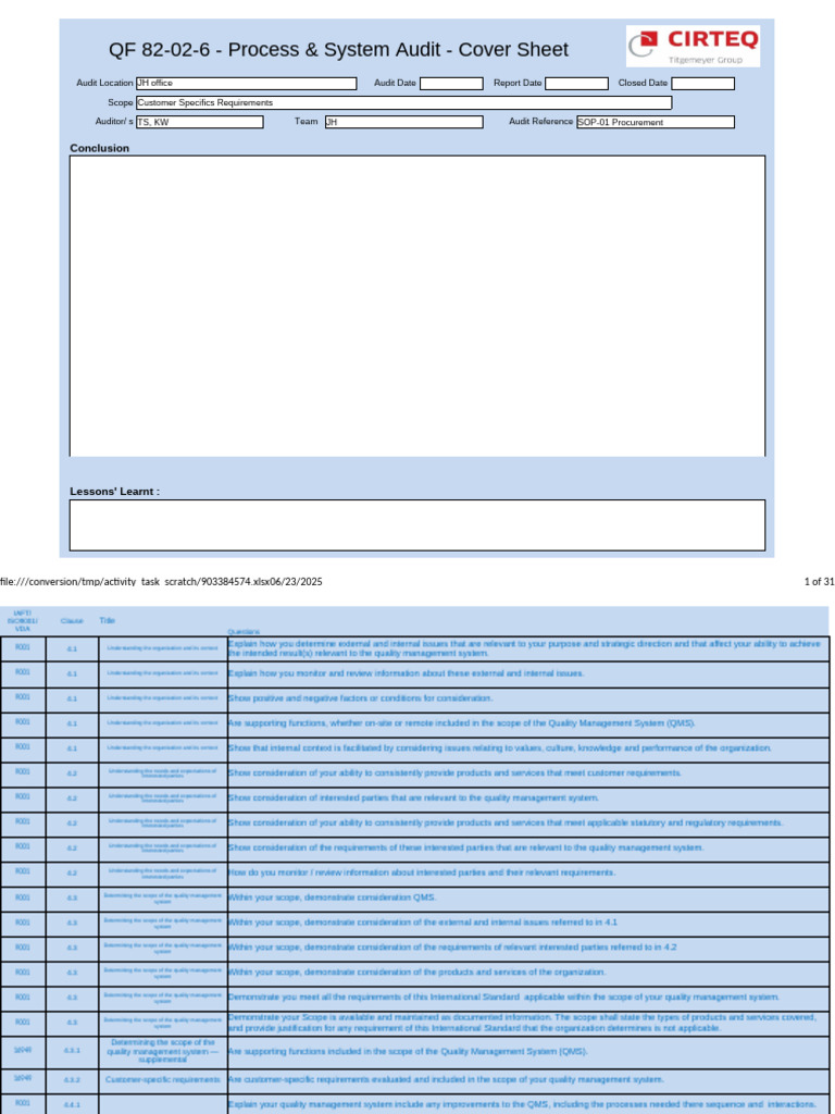 Quality Management System Audit Report | PDF | Quality Management ...