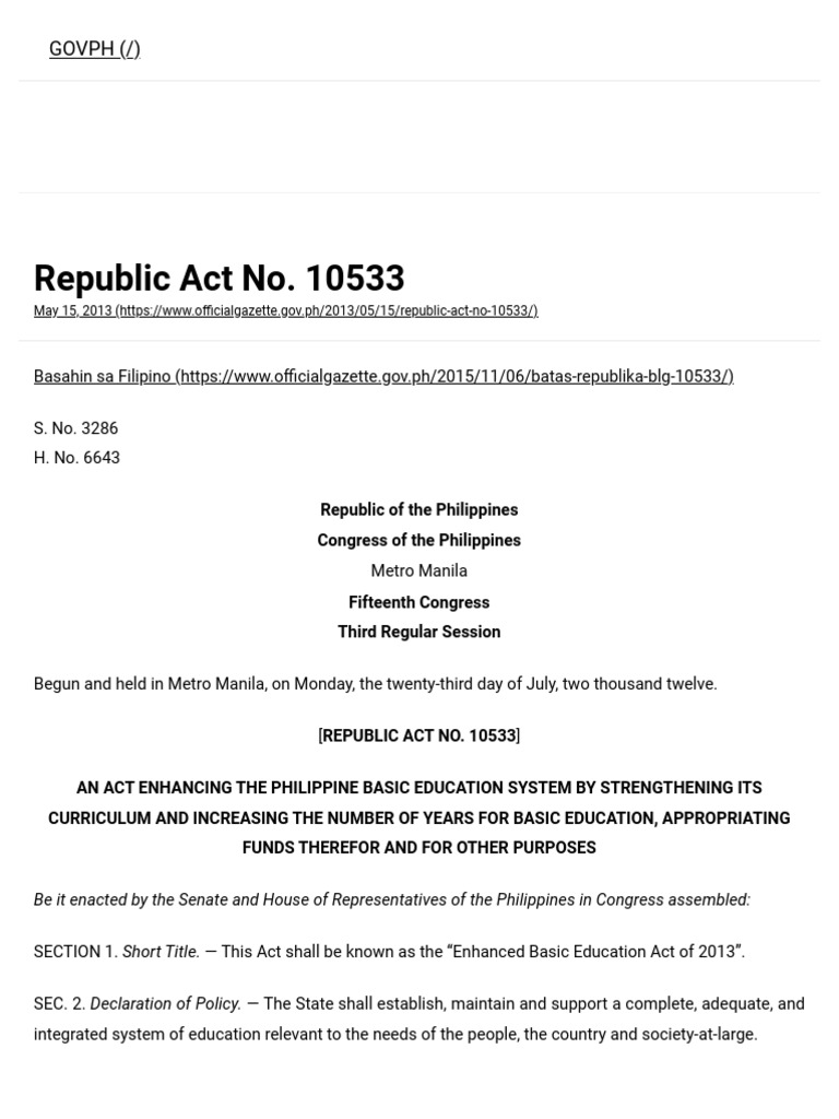 Republic Act No. 10533 - Enhanced Basic Education Act of 2013 | PDF ...
