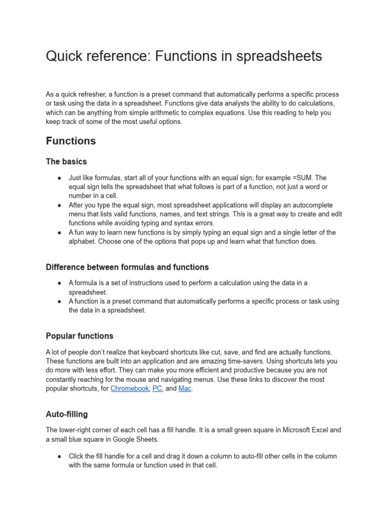 Functions in Spreadsheets Explained | PDF | Spreadsheet | Software ...