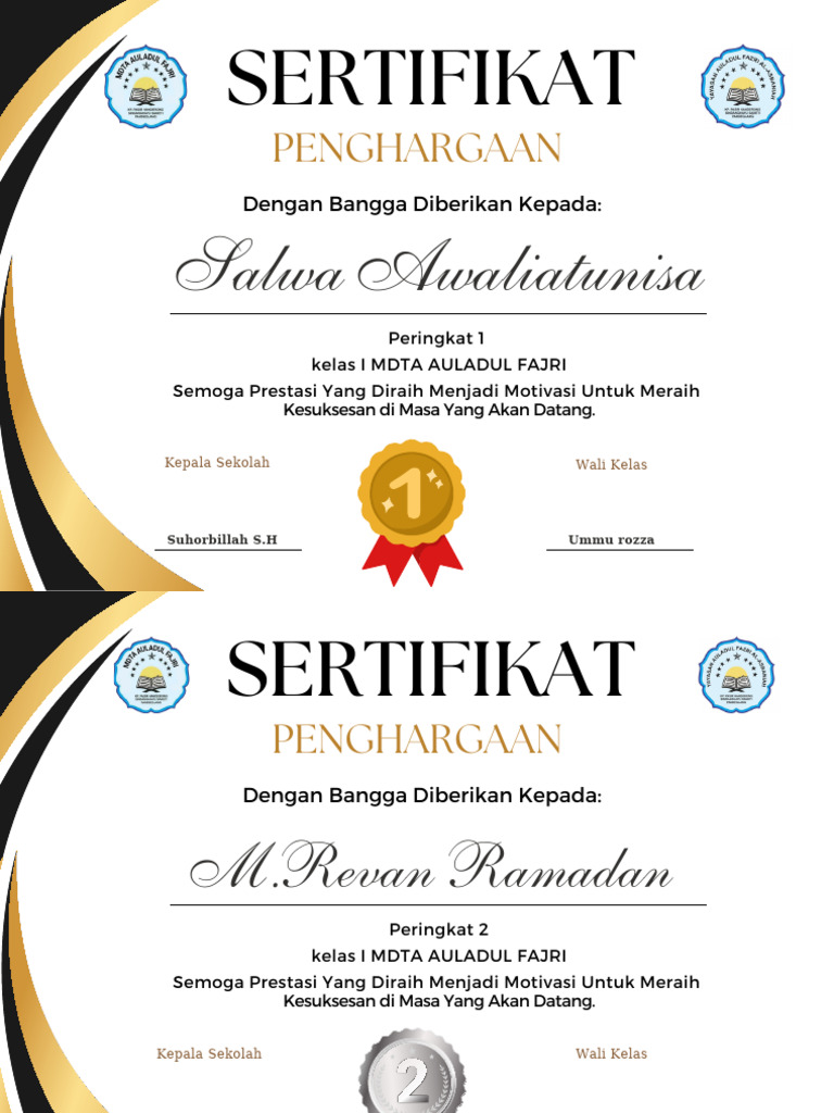 Sertifikat Penghargaan Siswa MDTA | PDF