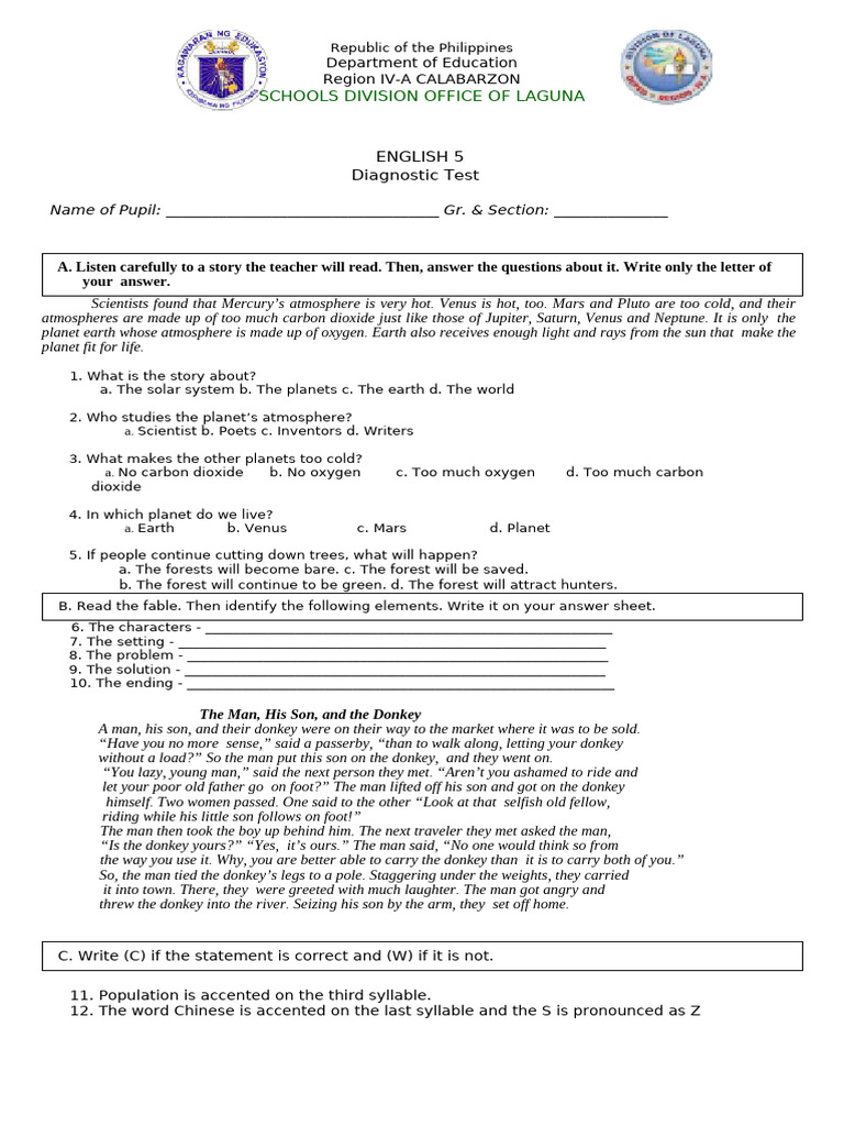 Diagnostic Test - English 5 v2 | PDF | Planets | Atmosphere
