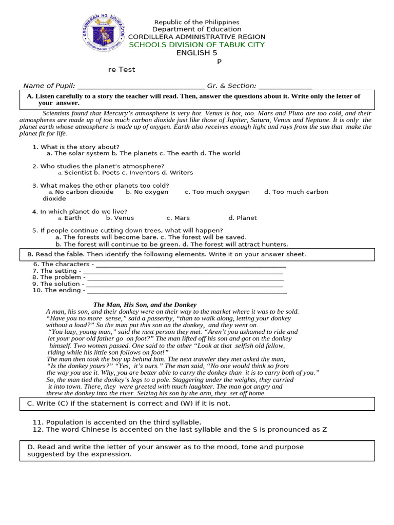 Grade 5 English Diagnostic Test | PDF | Planets | Atmosphere