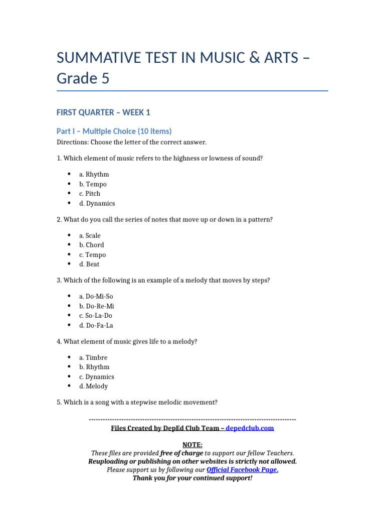 Summ - Test (Music&Arts) 5 q1 w1 | PDF | Melody | Rhythm