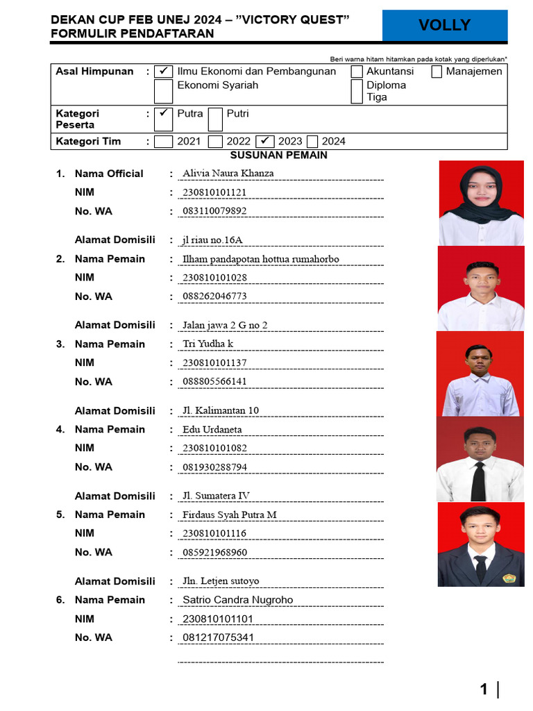 Formulir Pendaftaran Volly Dekan Cup | PDF