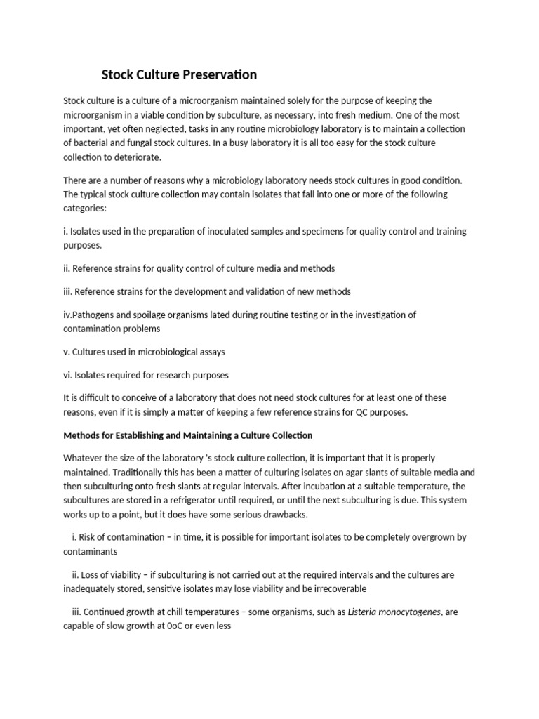 Stock Culture Preservation Techniques | PDF | Biology | Microbiology