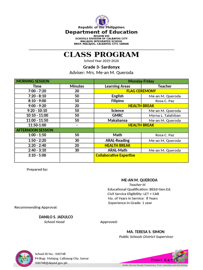 Class Program for Malajog Integrated School | PDF | Governance ...