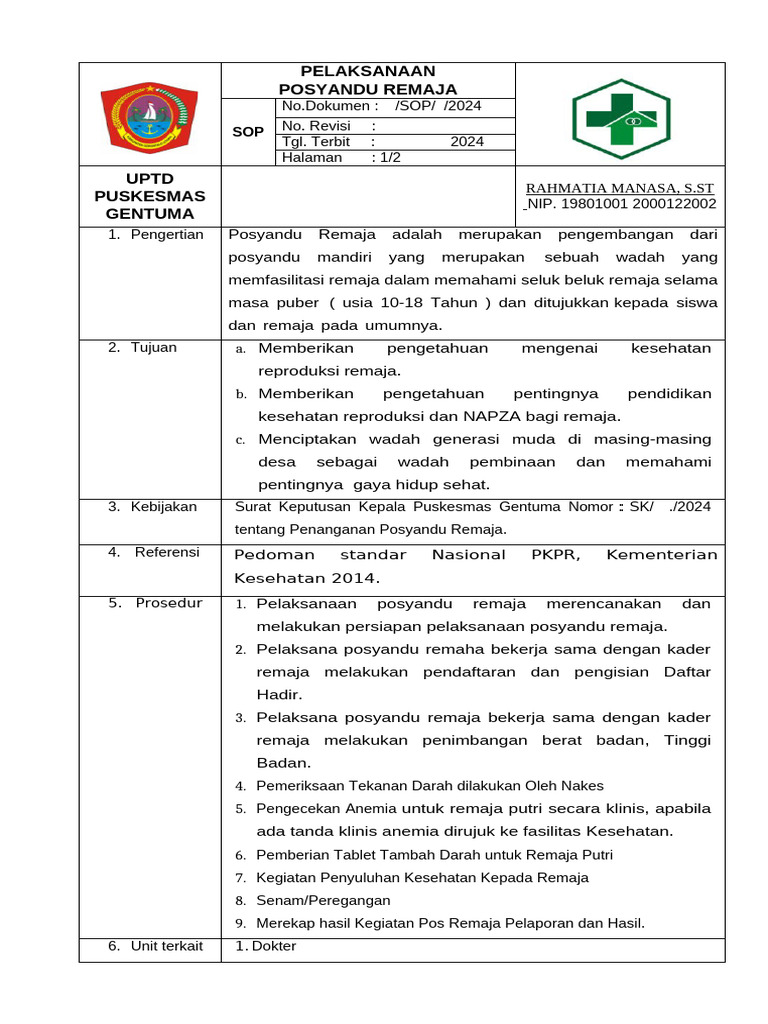 Sop Pelaksanaan Pos Remaja 2024 | PDF