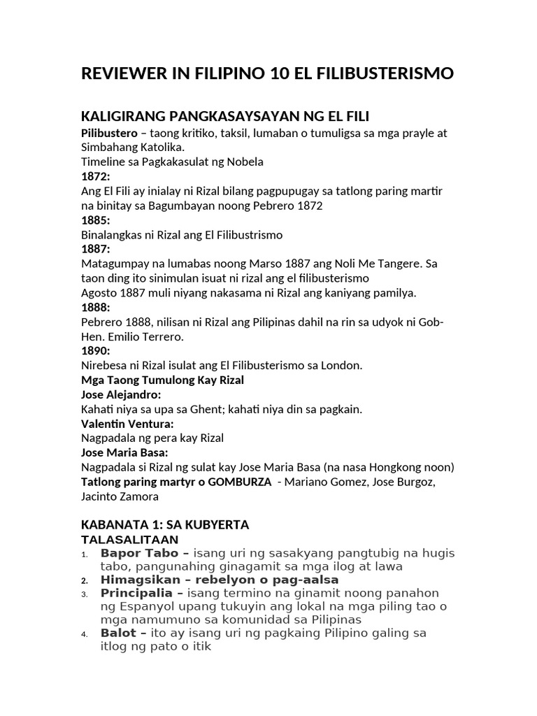 Reviewer in Filipino 10 El Filibusterismo. | PDF