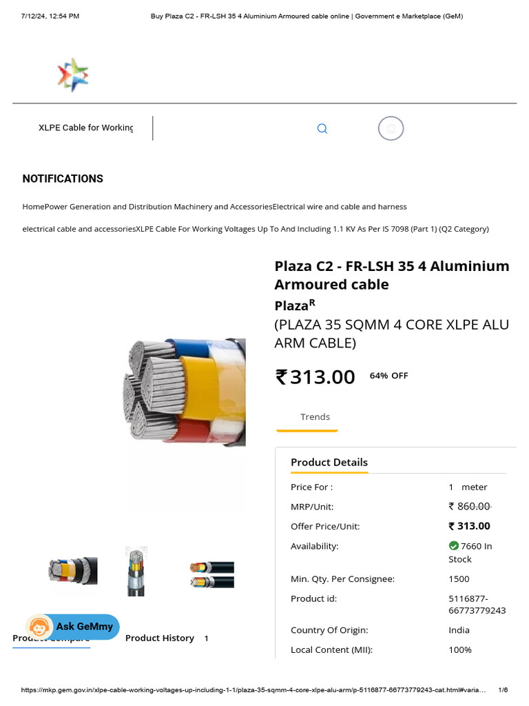 Buy Plaza C2 - FR-LSH 35 4 Aluminium Armoured Cable Online - Government e Marketplace (GeM ...