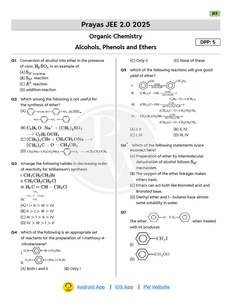 Alcohols, Phenols and Ethers - DPP 05 - Prayas JEE 2.0 2025 | PDF ...
