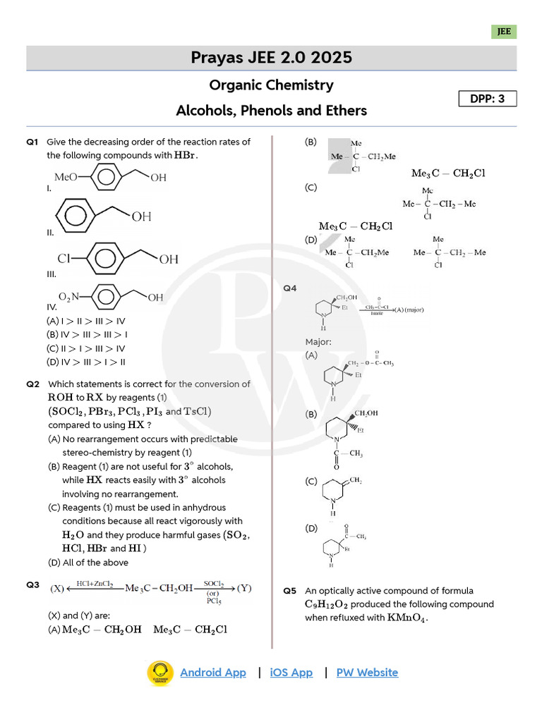 Alcohols, Phenols and Ethers - DPP 03 - Prayas JEE 2.0 2025 | PDF | Organic Chemistry | Chemistry