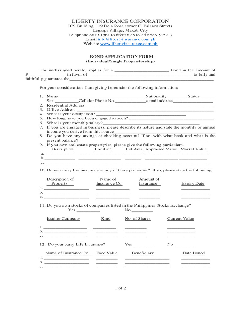 Bond Application Form for Individuals | PDF | Insurance | Surety