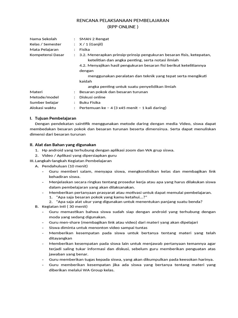 RPP Besaran Pert 4 (Besaran Pokok N Turunan) | PDF